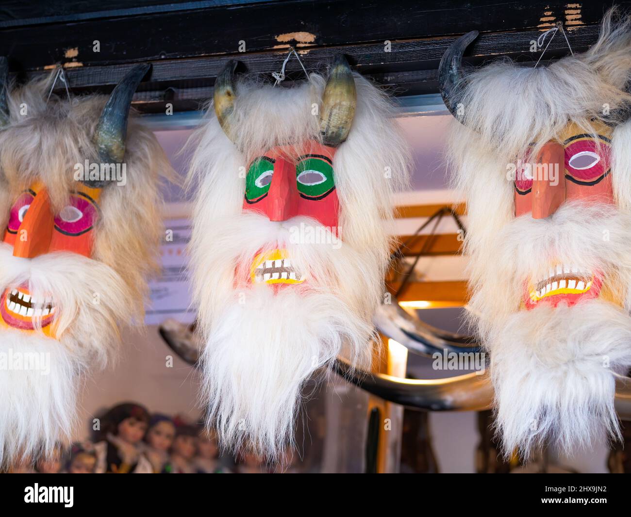 Traditional romanian hand made masks souvenirs at the weekly market in ...