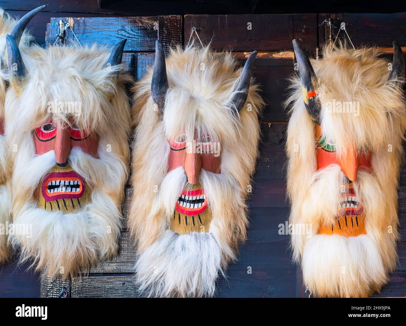 Traditional romanian hand made masks souvenirs at the weekly market in ...
