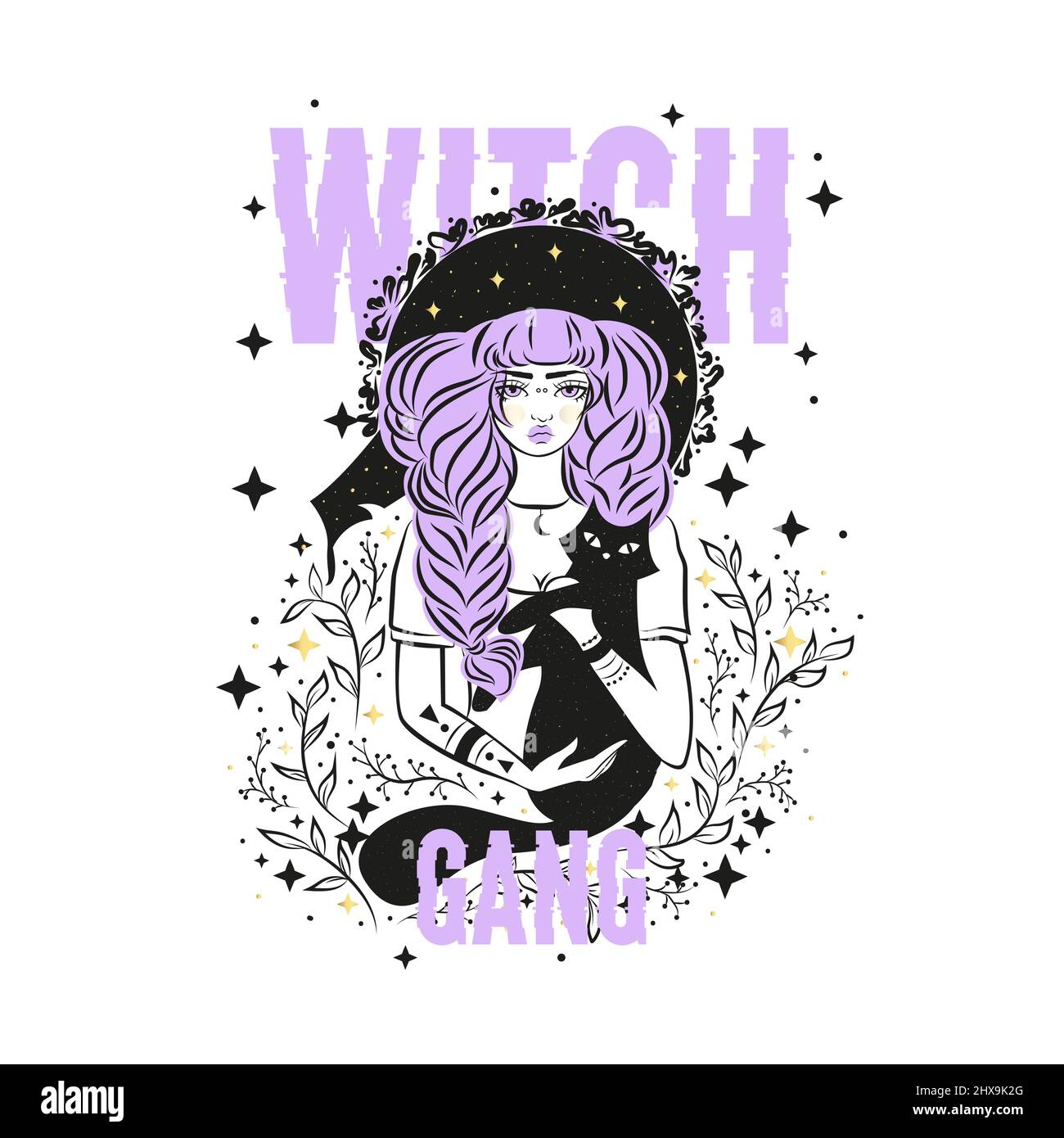 Cute witch and cat wearing hat. Vector illustration. Witch gang slogan ...