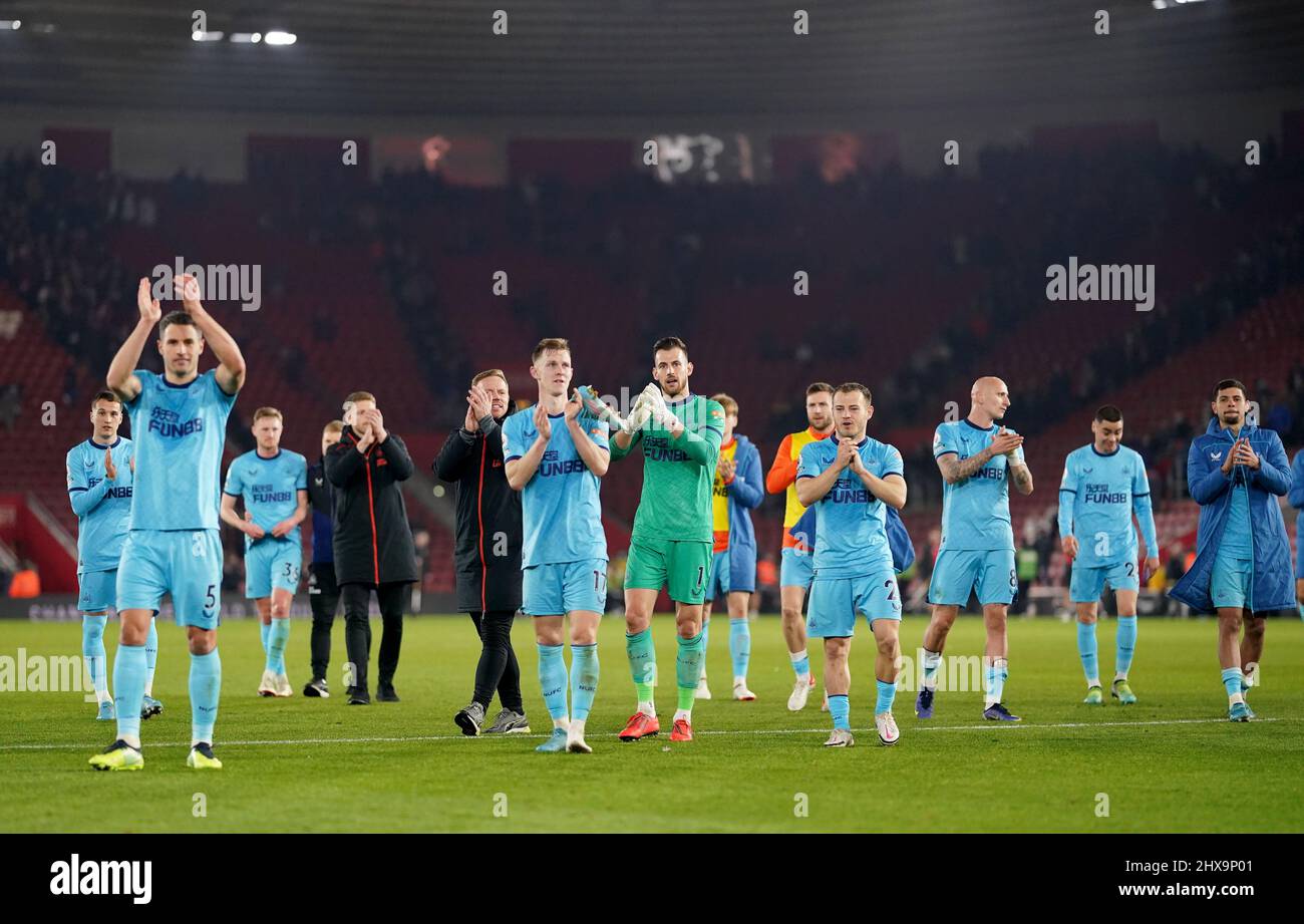 Newcastle United players applaud the fans at full time after the ...