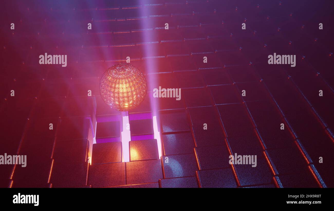 3d illustration with glowing sphere and cube wall in 4K UHD Stock Photo ...