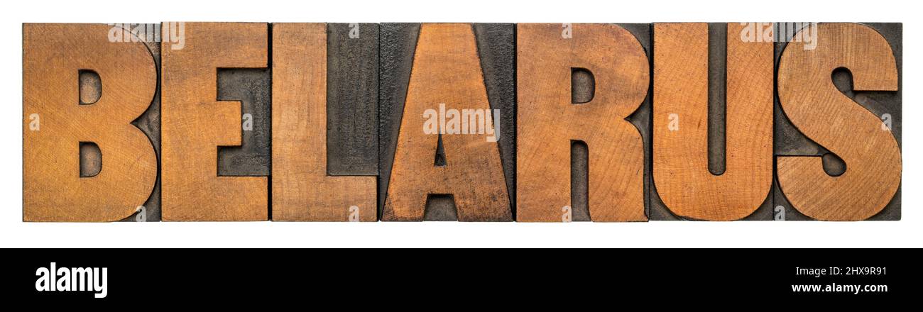 Belarus - word in vintage letterpress wood type isolated on white ...