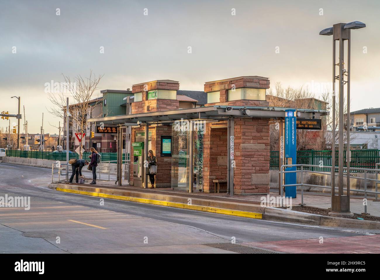 Fort Collins, CO, USA - March 8, 2022: Passengers are waiting at bus ...