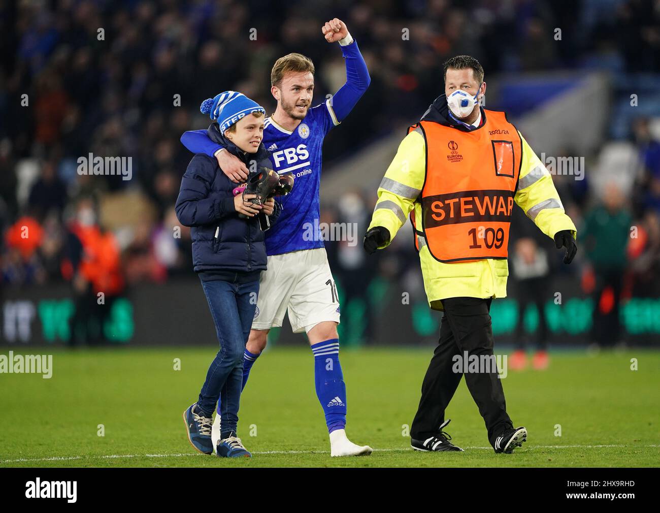 Leicester City's James Maddison after giving his boots to a young fan ...