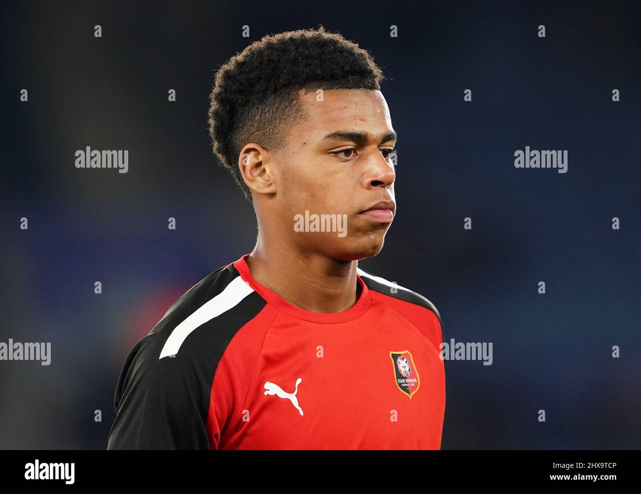 Rennes' Desire Doue warming up before the UEFA Europa Conference League ...