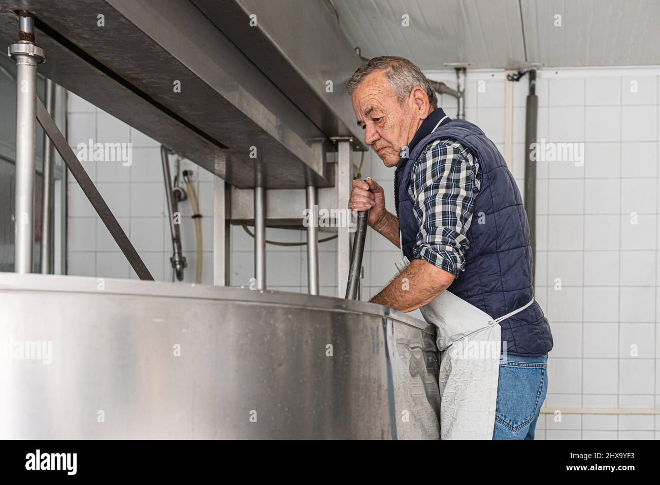 old man picking up the last bits of curd in the metal container Stock ...