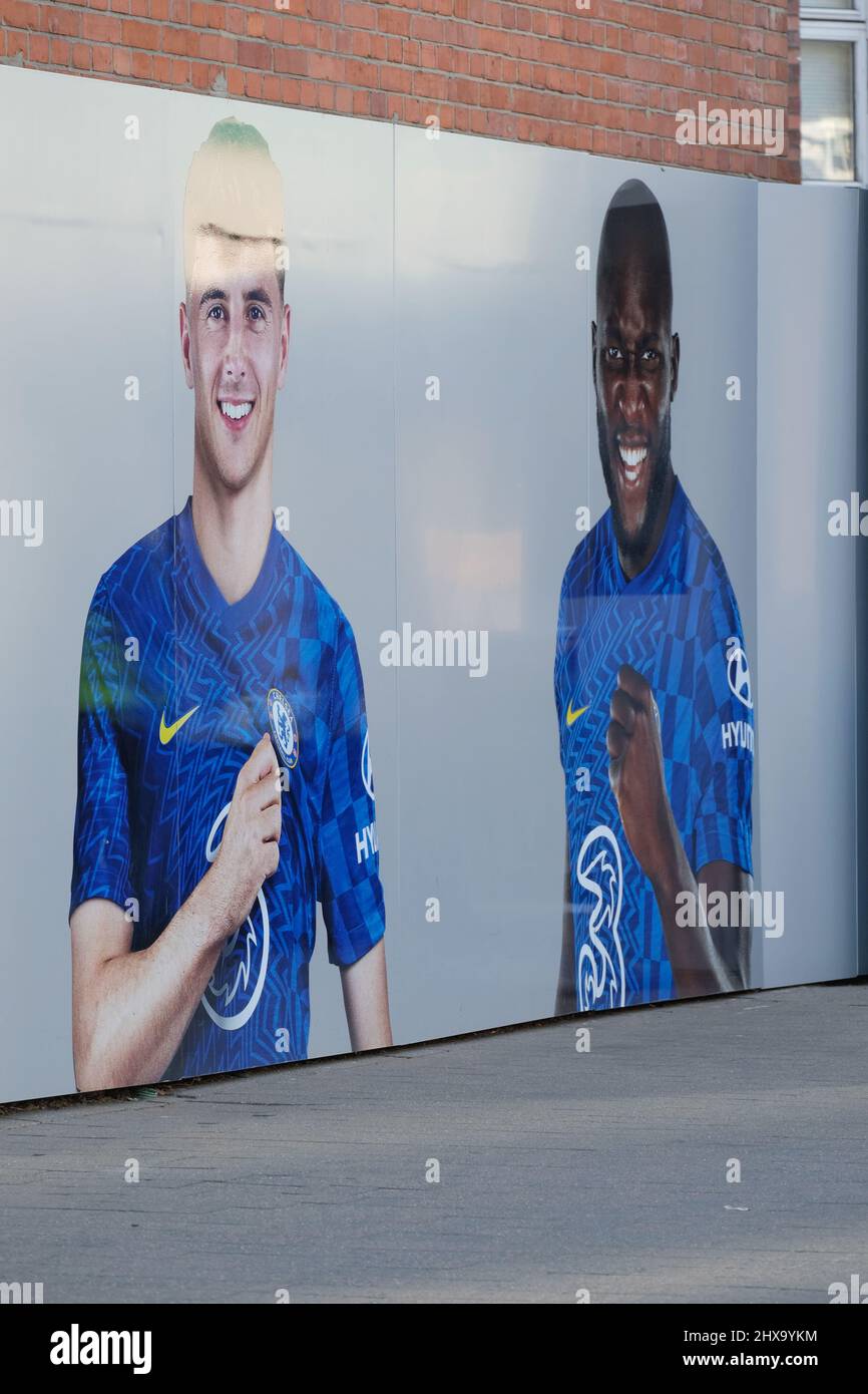 London, UK, 10th Mar, 2022. Hoardings featuring players at Chelsea ...