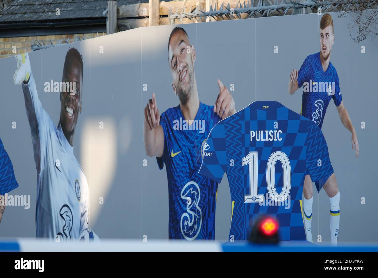 London, UK, 10th Mar, 2022. Hoardings featuring players at Chelsea ...
