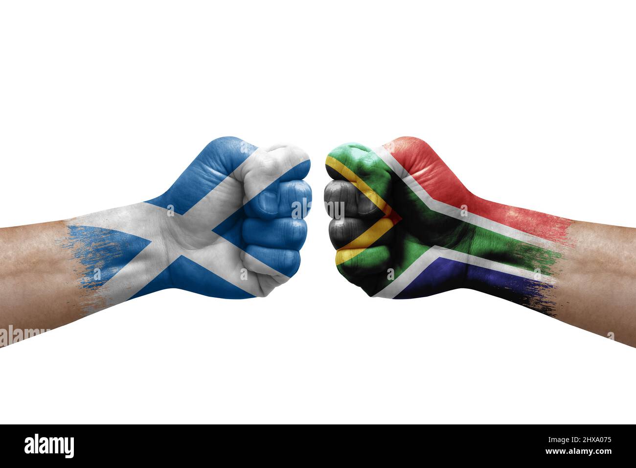 Two hands punch to each others on white background. Country flags ...