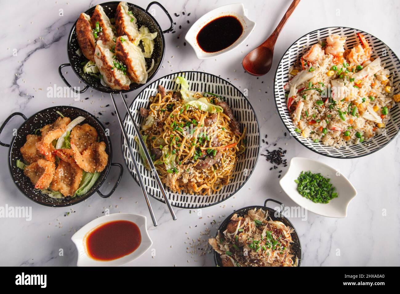 Aerial view of Japanese food served on the restaurant table Stock Photo ...