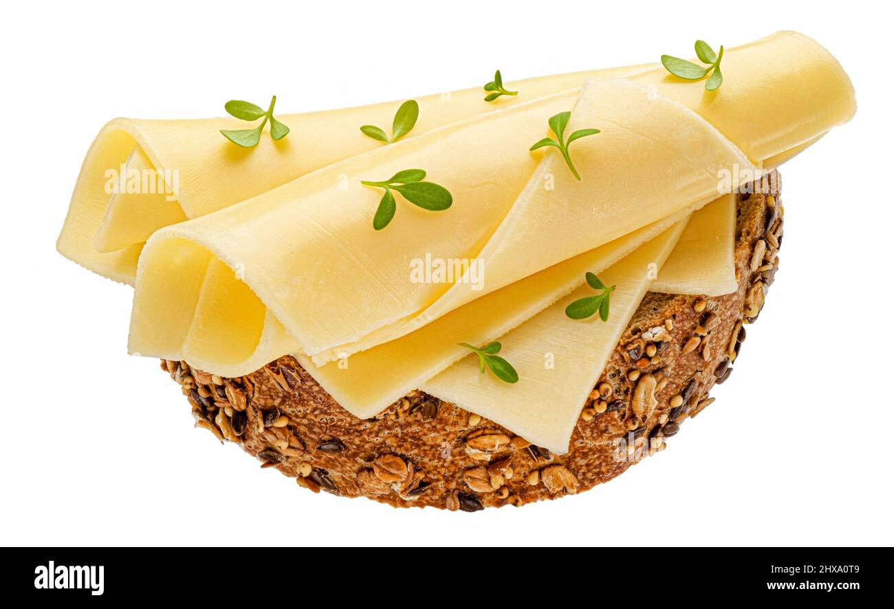 Gouda cheese slices on rye bread isolated Stock Photo - Alamy