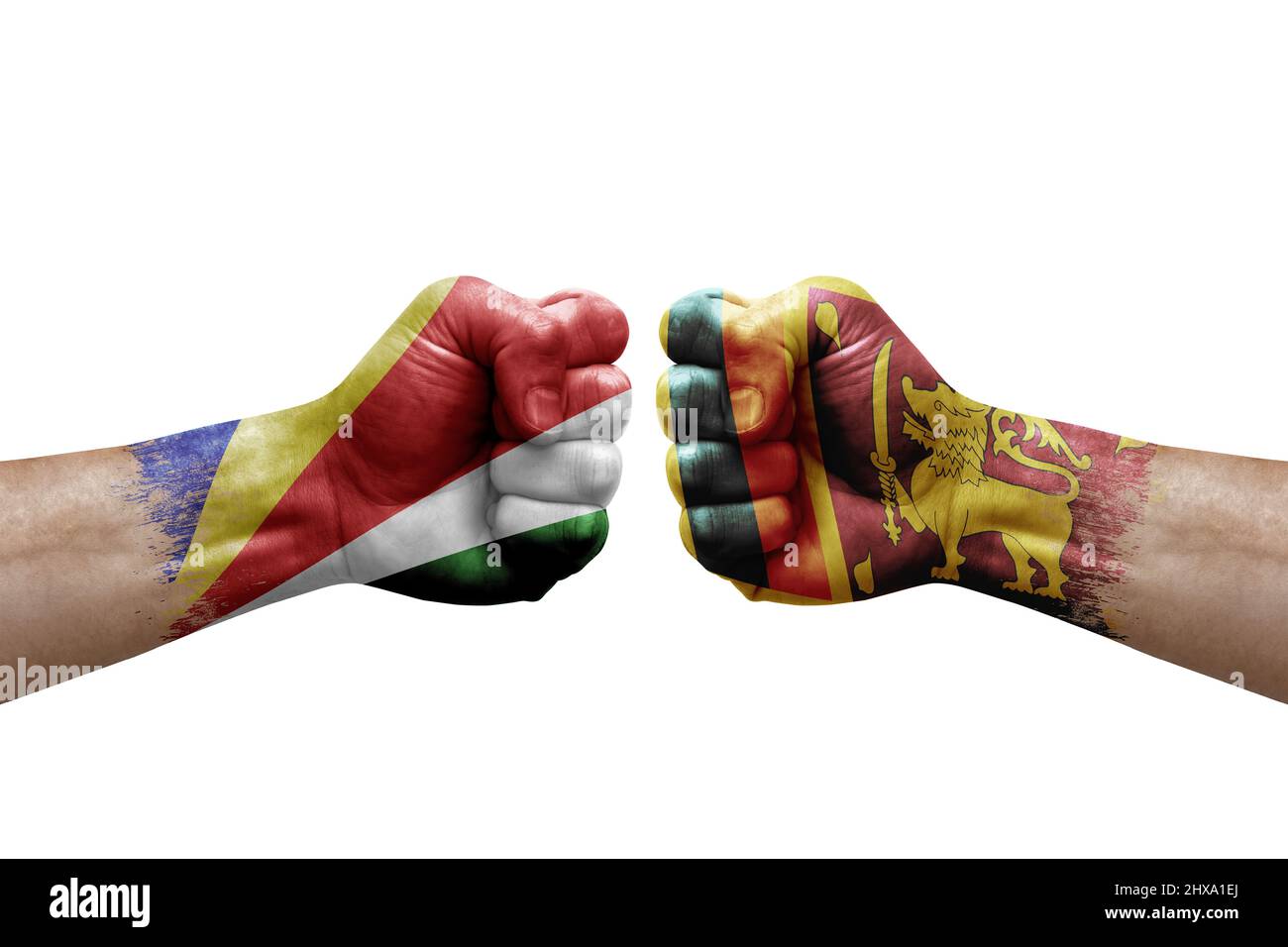 Two hands punch to each others on white background. Country flags ...