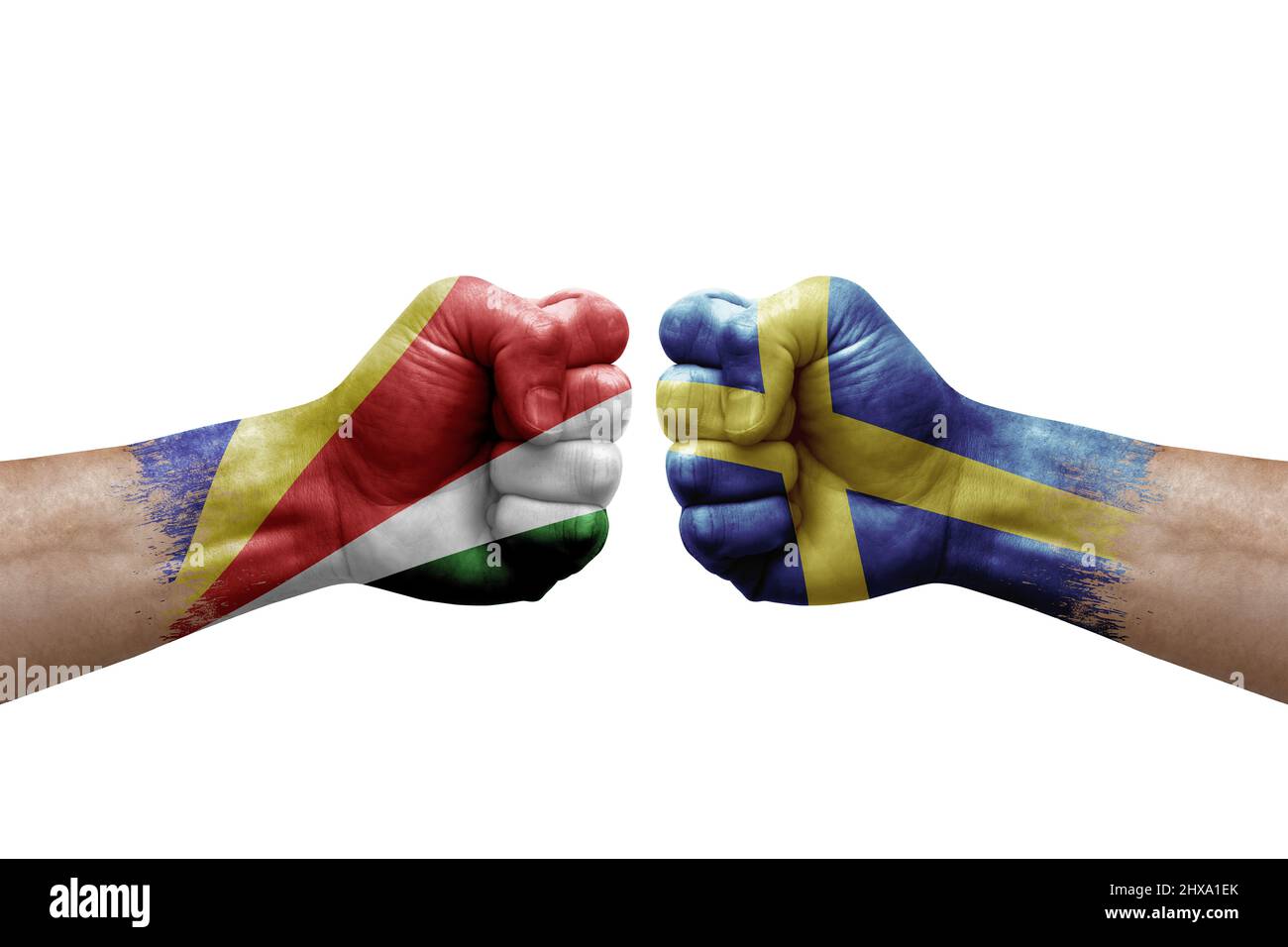 Two hands punch to each others on white background. Country flags ...