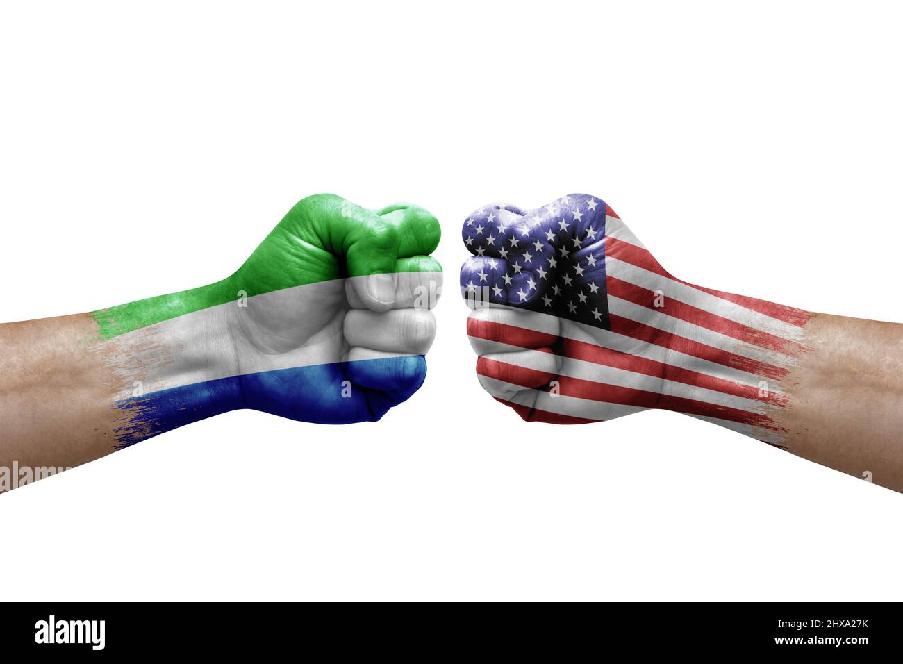 Two hands punch to each others on white background. Country flags ...