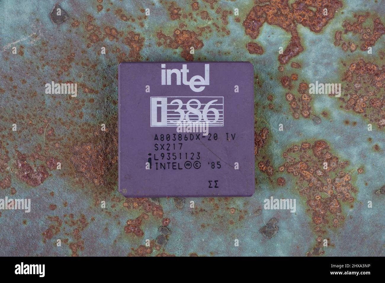 KYIV, UKRAINE - April 22, 2020. Intel 386 processor unit on rusty metal ...