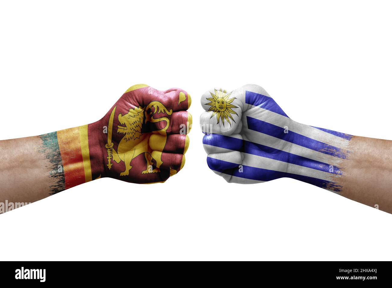 Two hands punch to each others on white background. Country flags ...