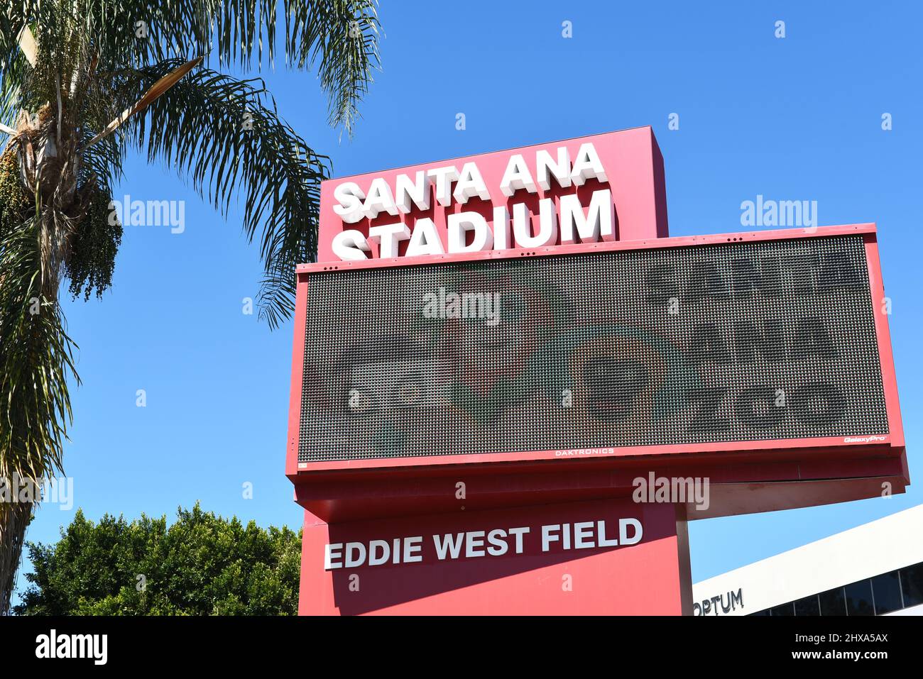 SANTA ANA, CALIFORNIA - 9 MAR 2022: sign at the Santa Ana Stadium, also ...