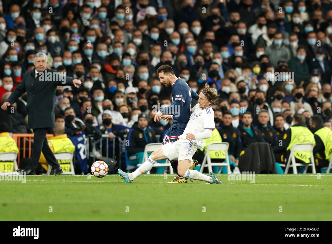 Madrid, Spain. 9th Mar, 2022. (L-R) Lionel Messi (PSG), Luka Modric ...
