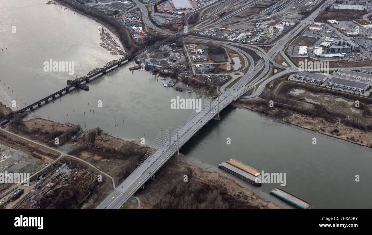 Aerial View of Pitt River Bridge during cloudy winter day Stock Photo ...