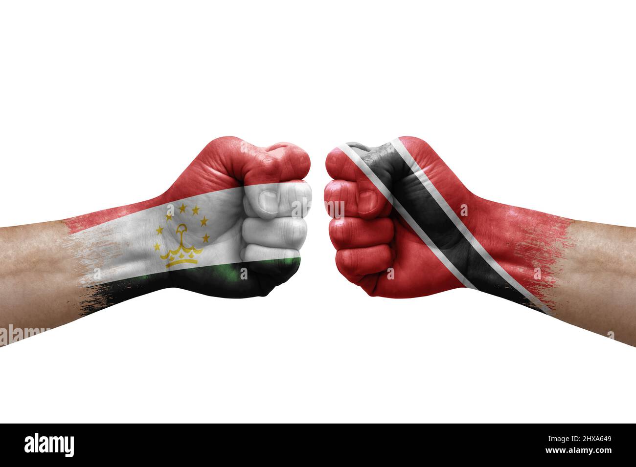 Two hands punch to each others on white background. Country flags ...