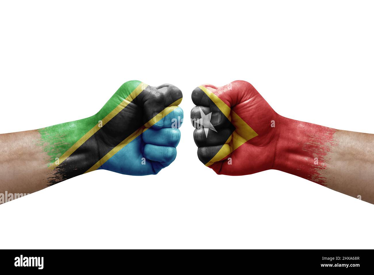 Two hands punch to each others on white background. Country flags ...