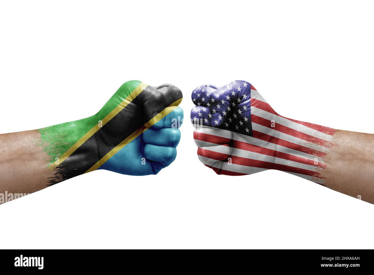 Two hands punch to each others on white background. Country flags ...