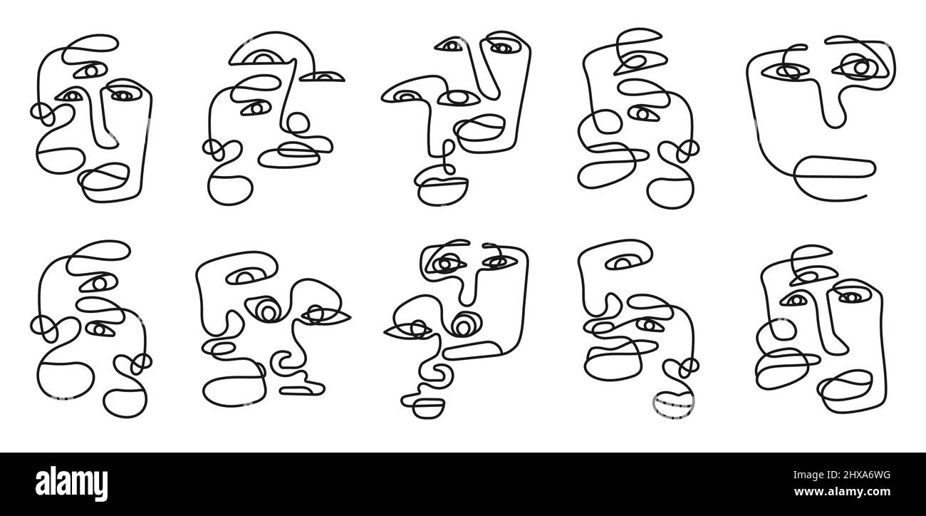 Set of different human faces in a minimalist style with one line ...