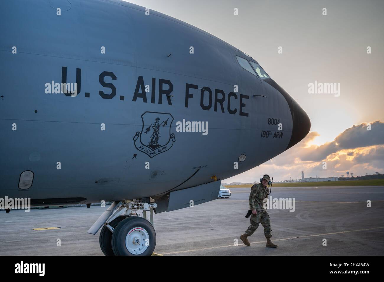 A U.S. Airman from the 190th Air Refueling Wing conducts preflight ...