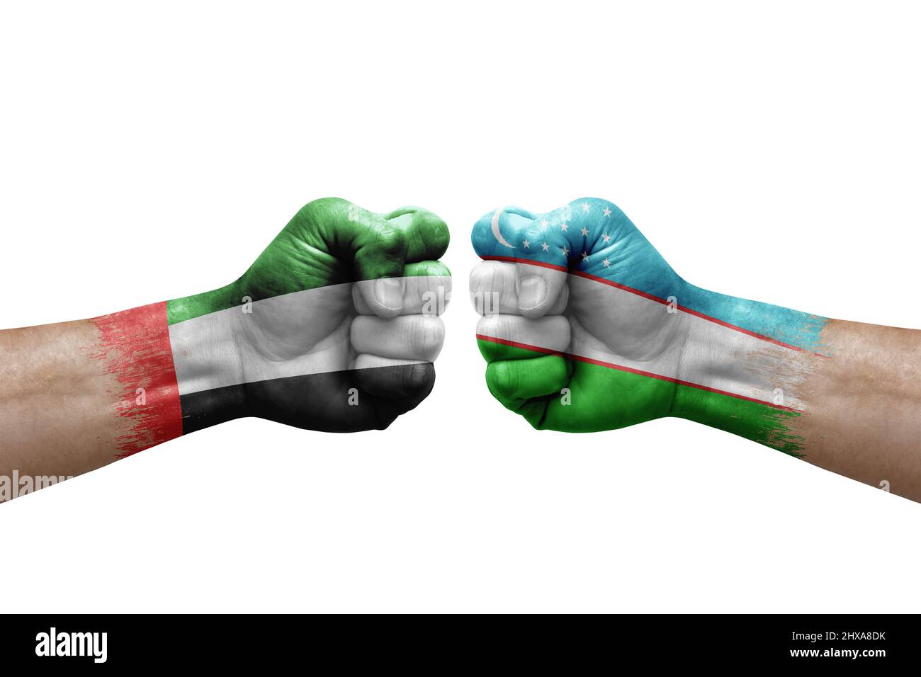 Two hands punch to each others on white background. Country flags ...