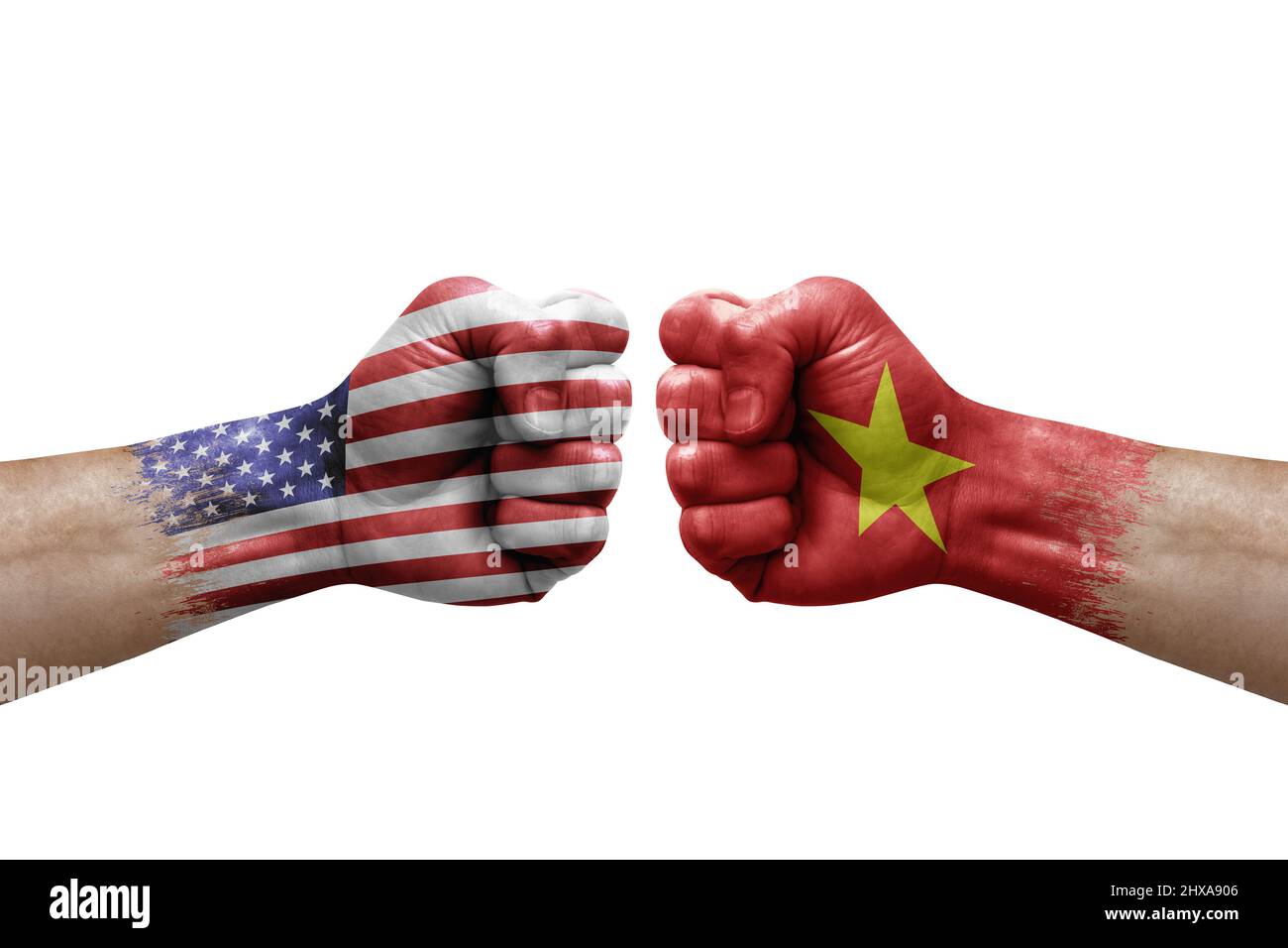 Two hands punch to each others on white background. Country flags ...