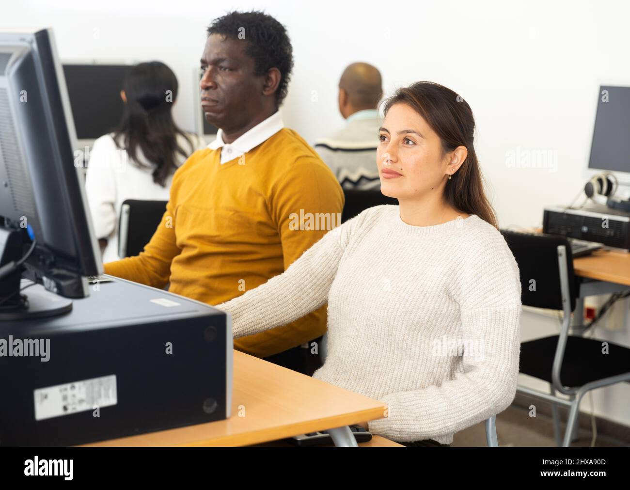 Young adult woman studying in computer class Stock Photo - Alamy