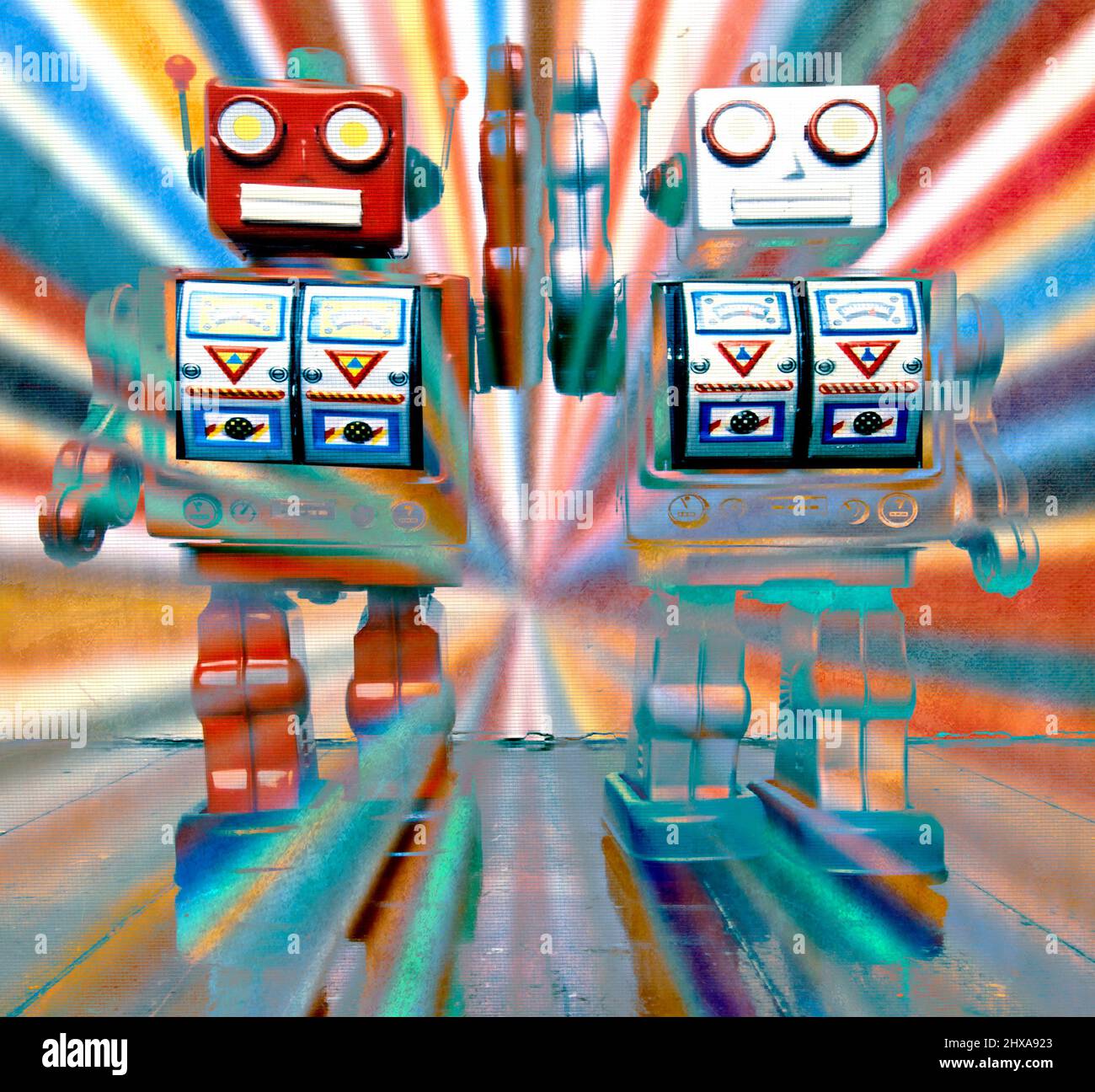 two vintage robot toy happy together on a wooden floor with reflection ...