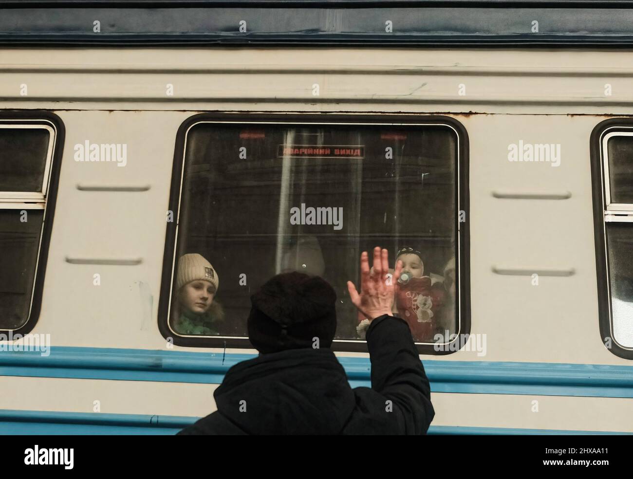 Lviv, Ukraine. 10th Mar, 2022. Ukrainian refugee says bye to his family ...