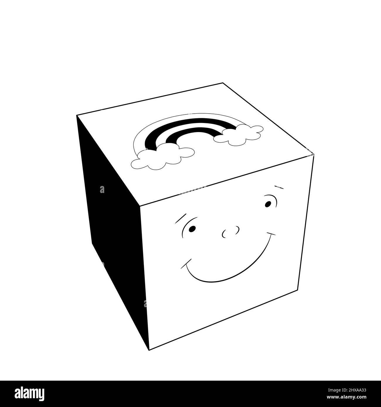 happy cartoon cube with eyes, 3d geometric shape black and white ...