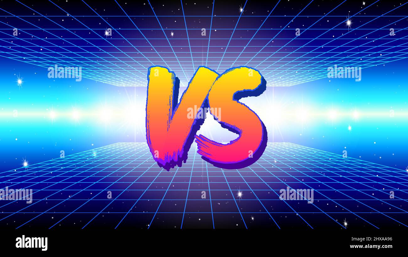 VS sign in 80s game style with synthwave landscape and brush painted ...