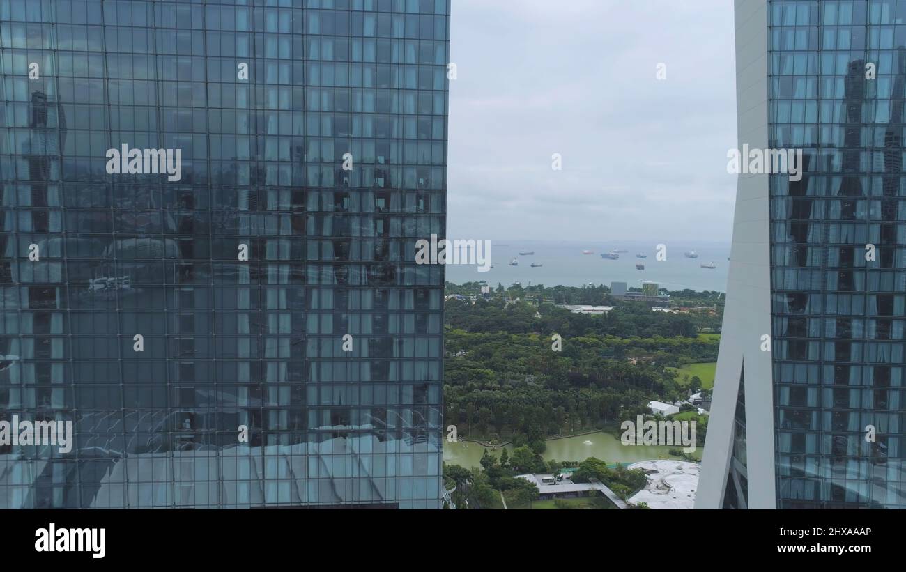 Business center downtown skyscraper building view. Shot. Top view of ...