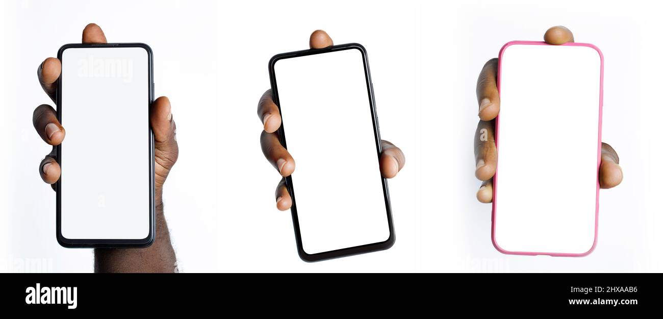 Black male hand holding phone facing camera isolated on white ...