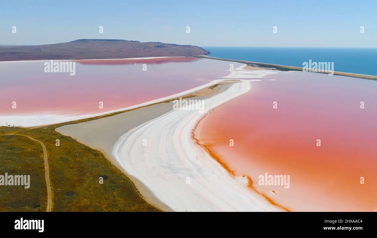Top view of pink lakes on blue sea background. Shot. Bright colorful ...