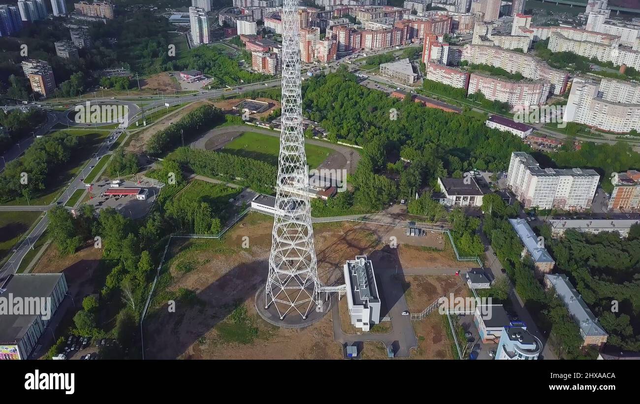 Aerial of the TV Tower at autumn. Top view of the TV tower in the city ...