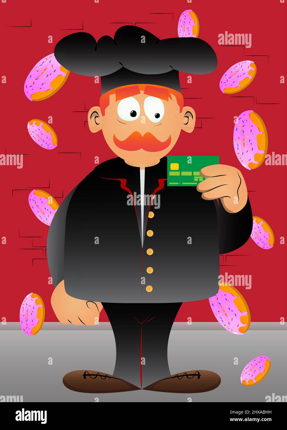 Fat male cartoon chef in uniform holding credit card. Vector ...