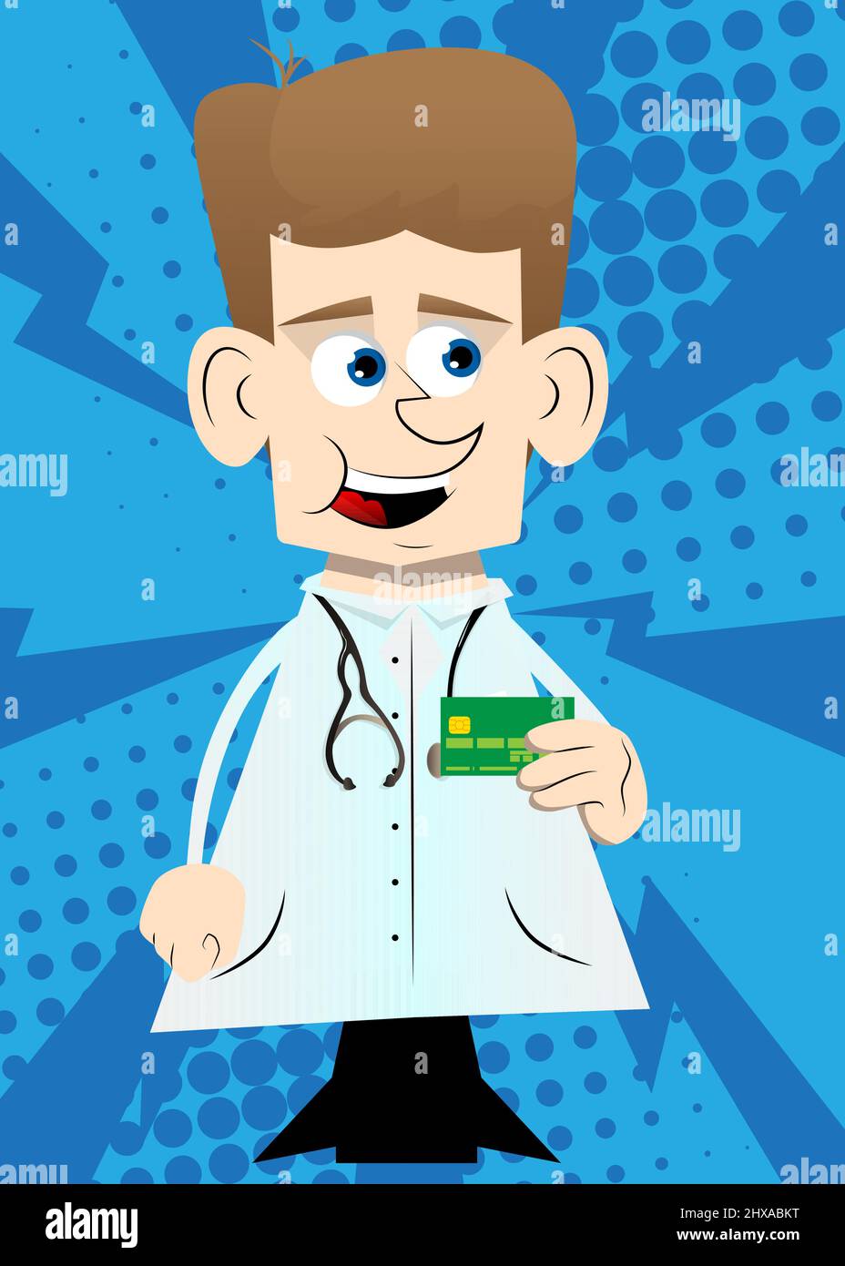 Funny cartoon doctor holding credit card. Vector illustration Stock ...