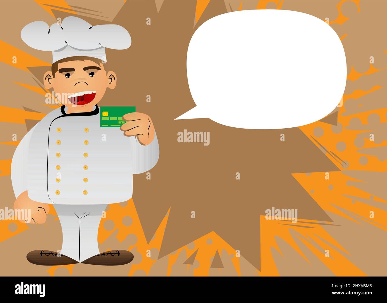 Fat male cartoon chef in uniform holding credit card. Vector ...