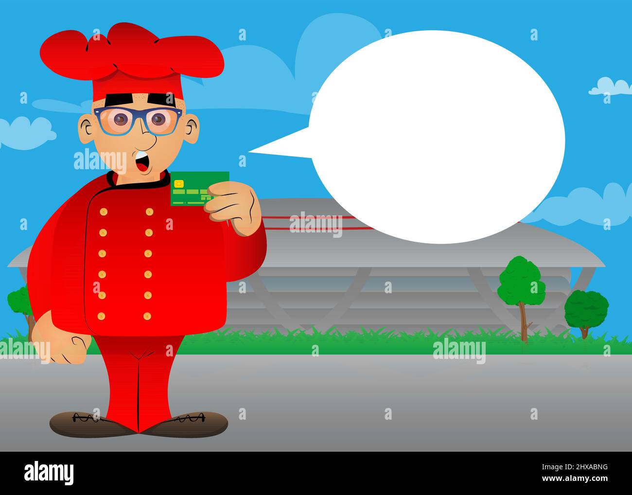 Fat male cartoon chef in uniform holding credit card. Vector ...