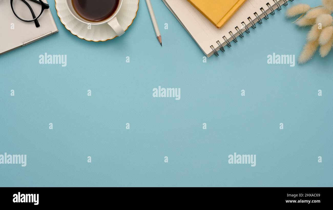 Workspace in blue background with copy space for product display and ...