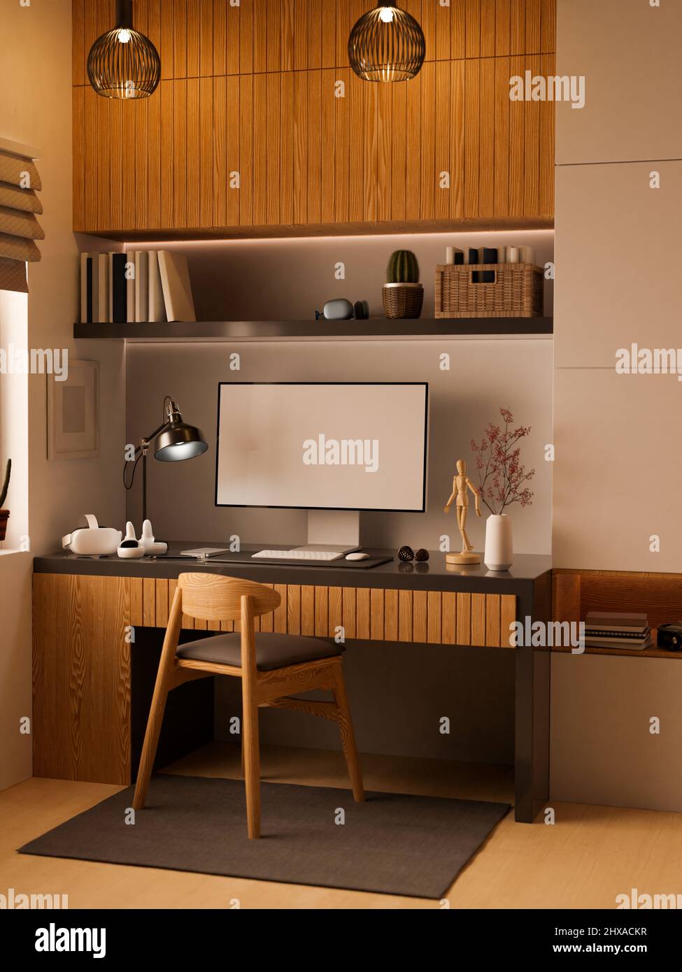 Modern and comfortable luxury home workspace with computer white screen ...