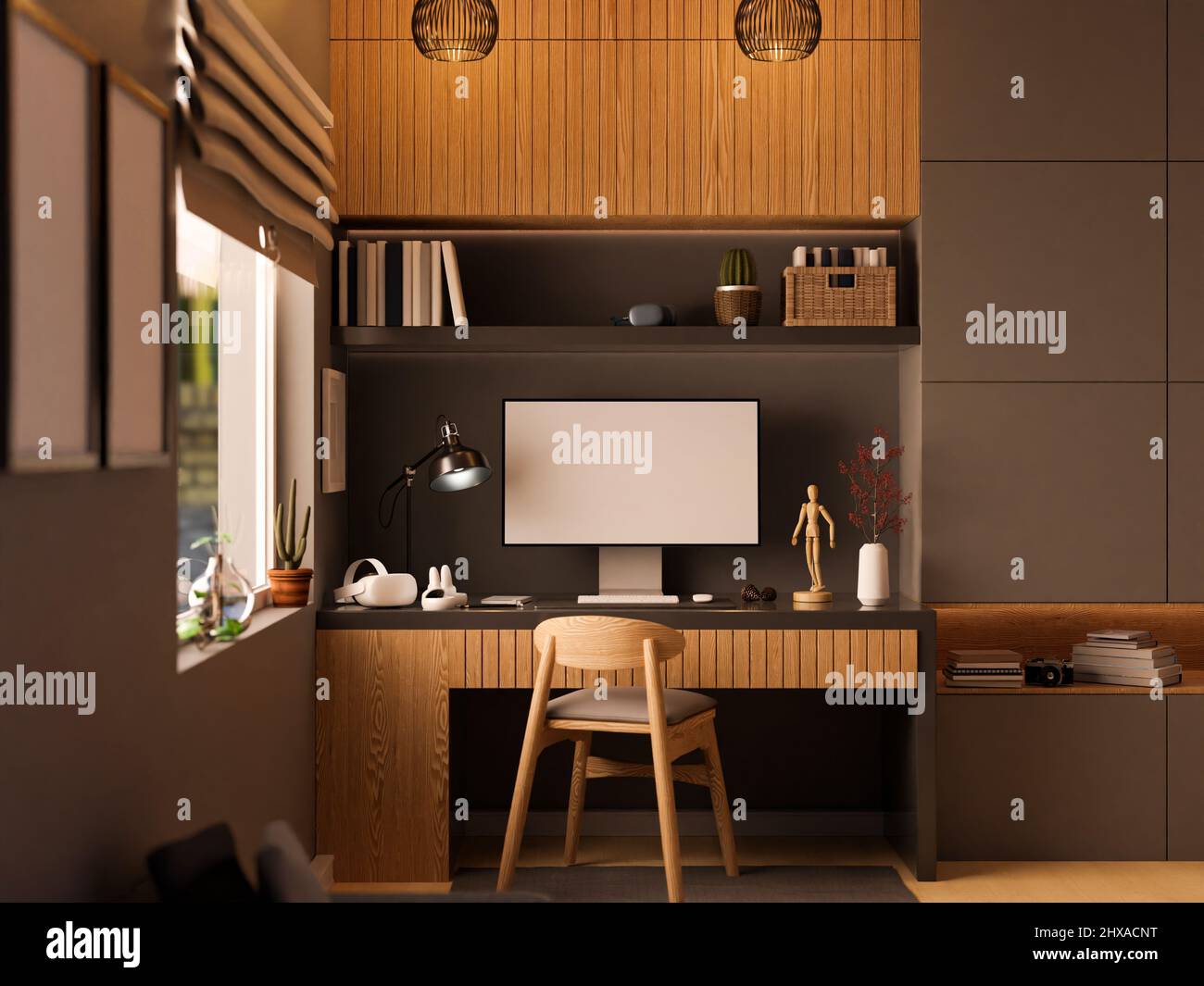 Modern home workstation interior design with built-in furniture, PC ...