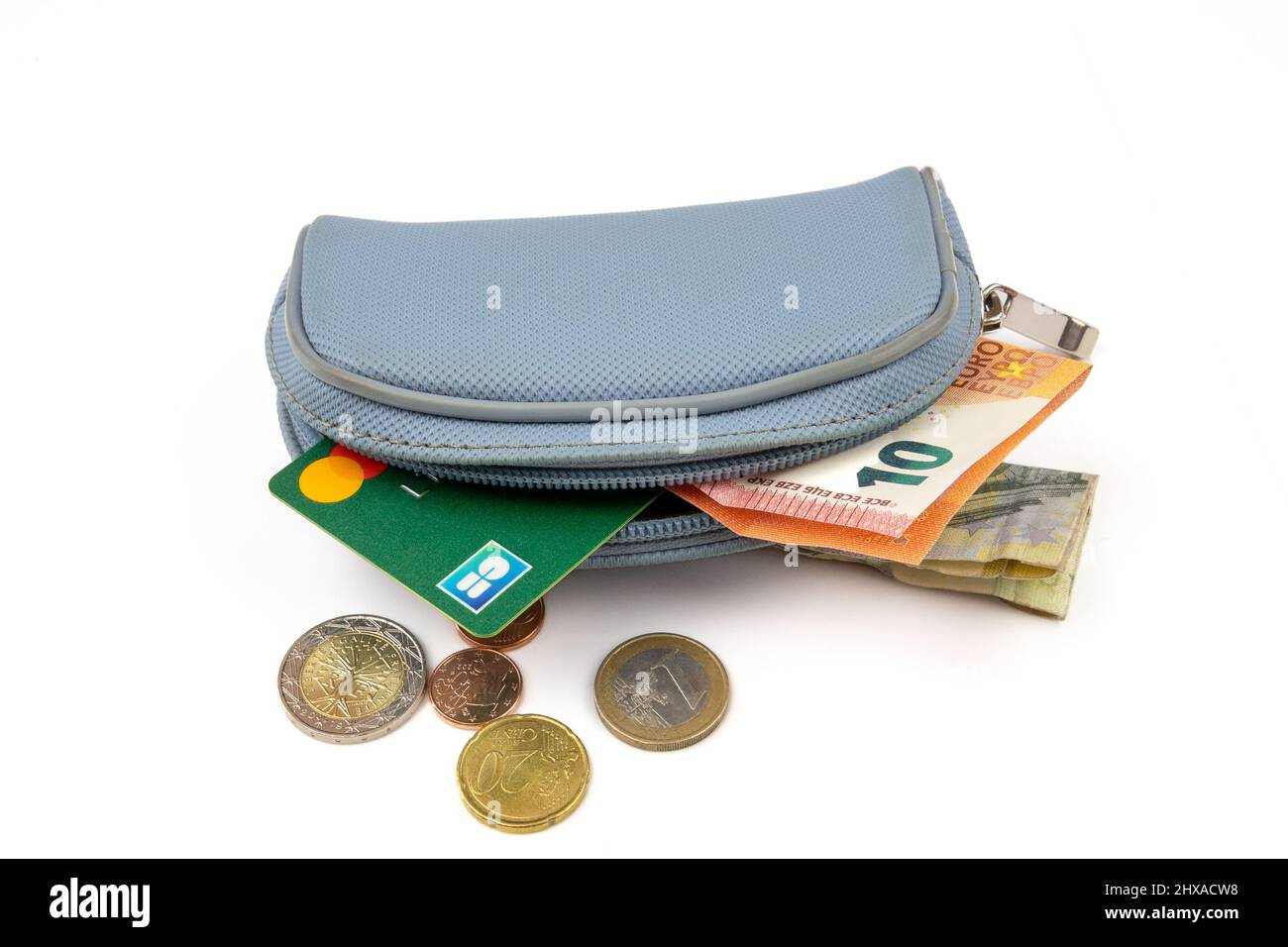 money bag with euro banknotes and coins Stock Photo - Alamy