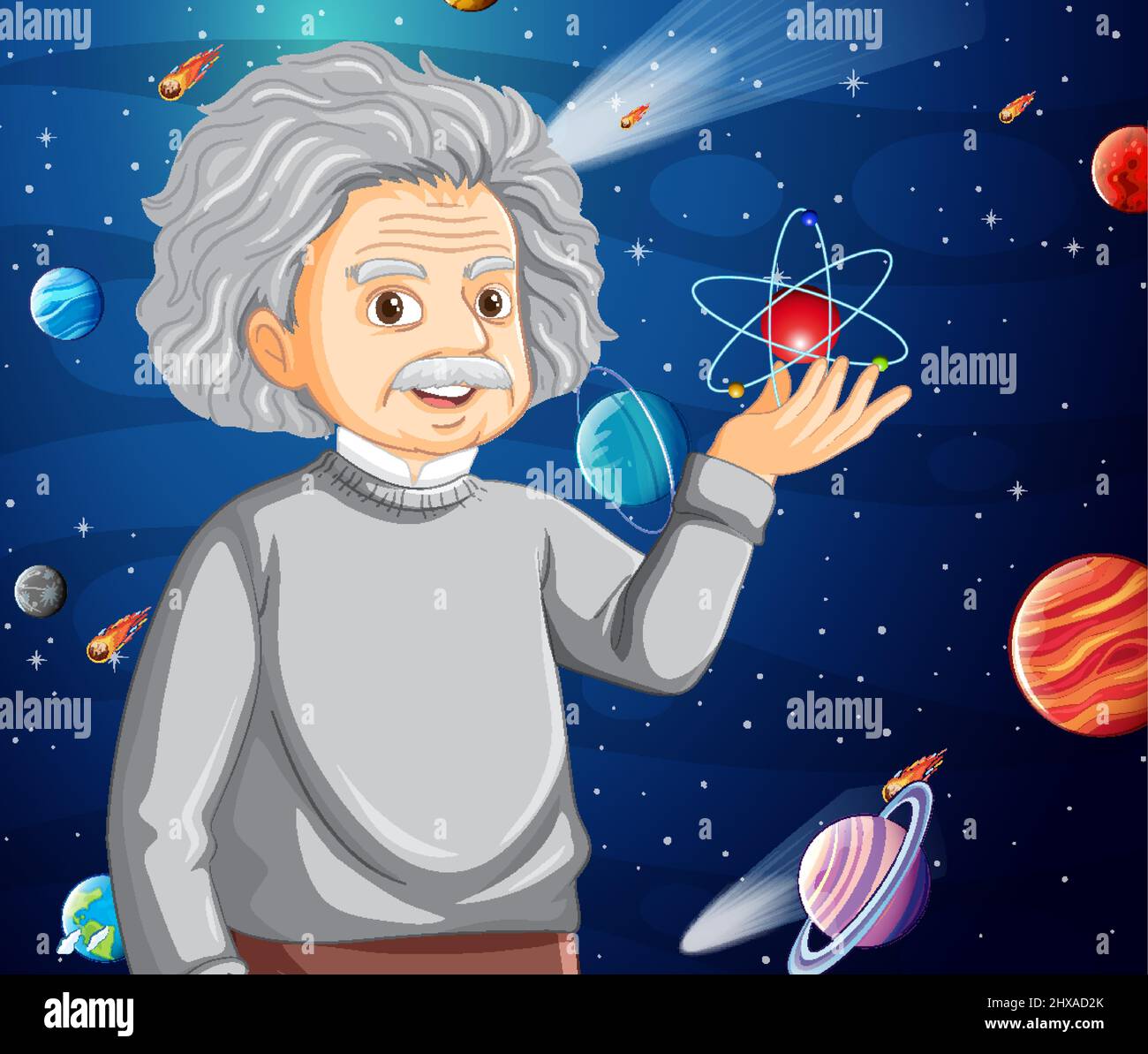 Portrait of Albert Einstein in cartoon style on space background ...