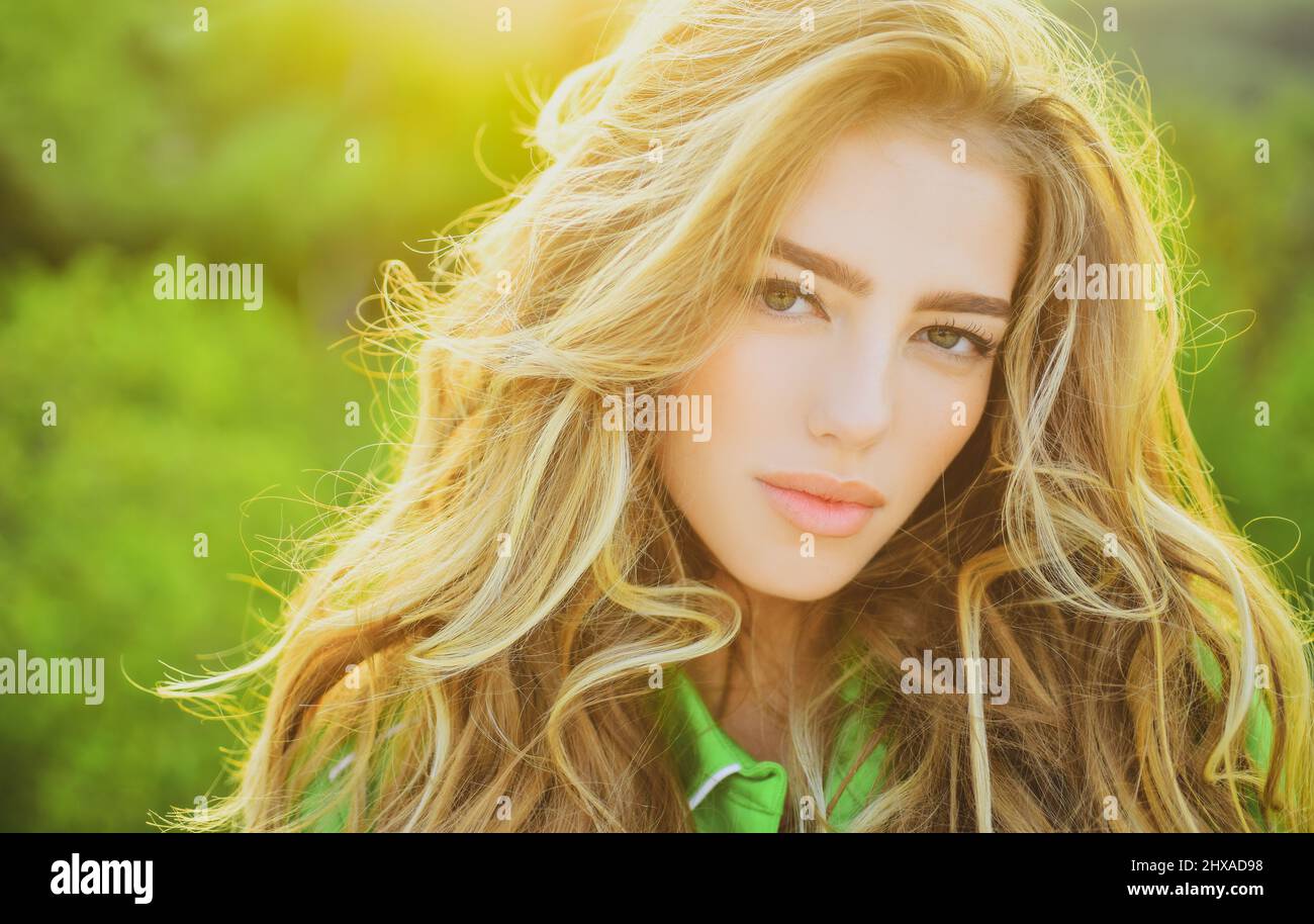 Skincare treatment. Sunny portrait. Natural makeup. Portrait of fashion ...