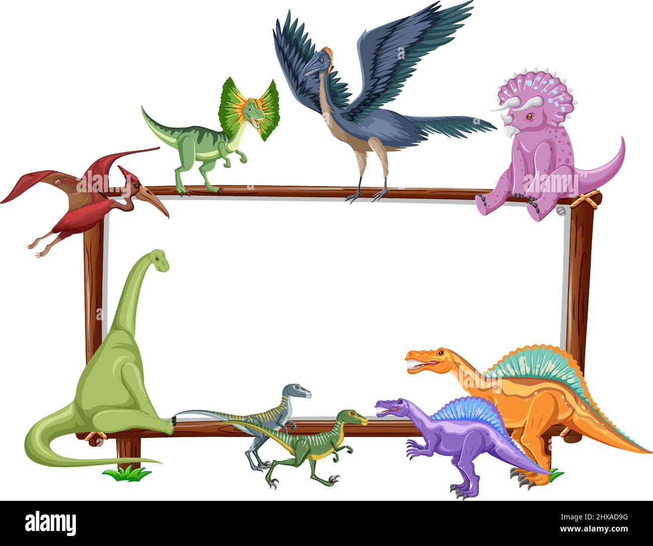 Group of dinosaurs around board on white background illustration Stock ...